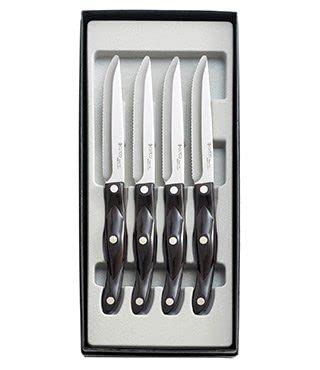 CUTCO #2065 set of 4 Model 2159 Steak Knives with Classic Dark Brown handles (often called "Black")..............each in a factory-sealed plastic bag inside attractive black CUTCO gift box..............Double-D® serrated 440A High-Carbon, Stainless Steel