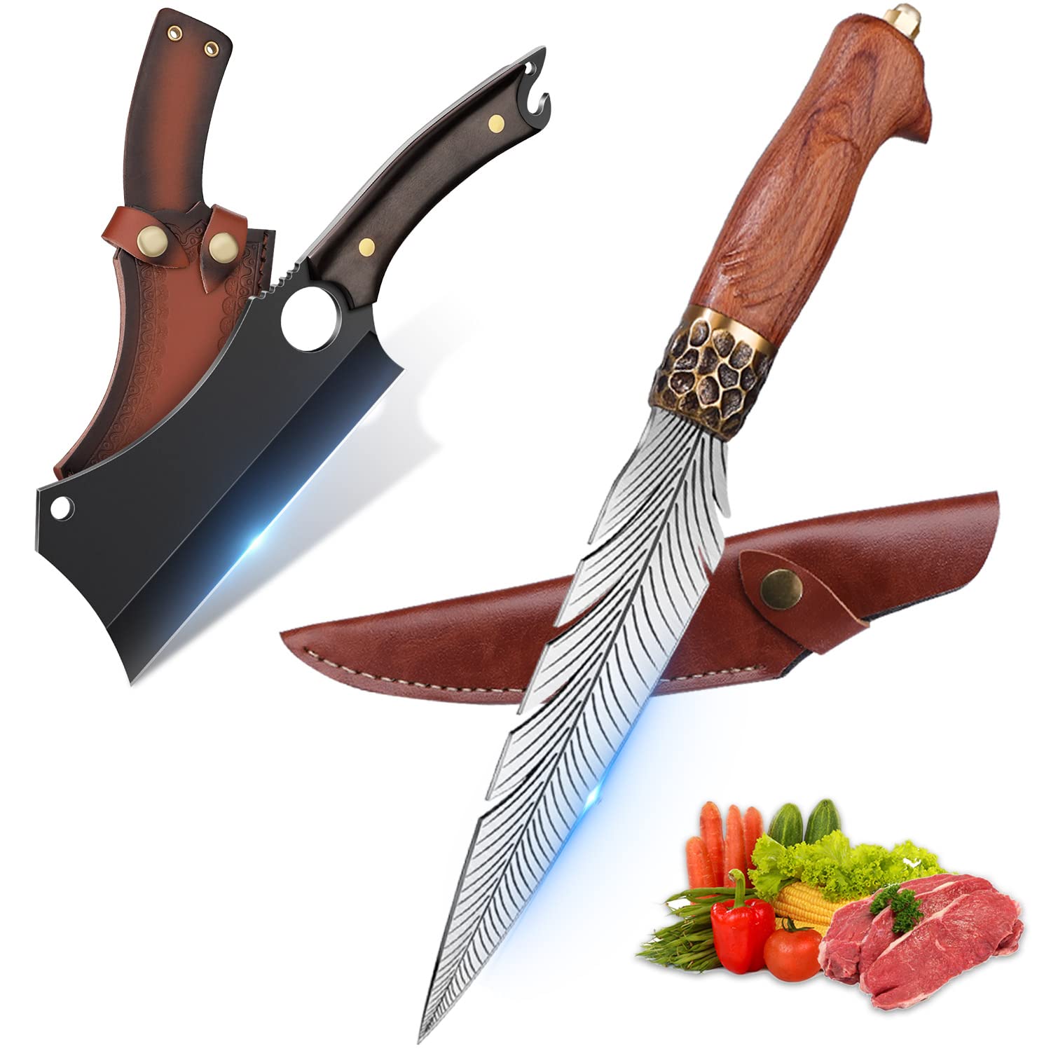 Feather Viking Knife Dragon Viking Cleaver Knife Set Japanese Forged in Fire Boning Knife High Carbon Steel Kitchen Cleaver with Sheath for Outdoor Camping BBQ Collection Christmas Gift Men