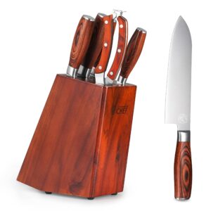 commercial chef 6 piece kitchen knife set, knife set with block, kitchen knives including cleaver, santoku knife, bread knife, paring knife & heavy-duty poultry shears