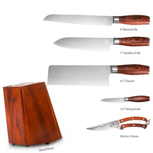 COMMERCIAL CHEF 6 Piece Kitchen Knife Set, Knife Set with Block, Kitchen Knives Including Cleaver, Santoku Knife, Bread Knife, Paring Knife & Heavy-Duty Poultry Shears