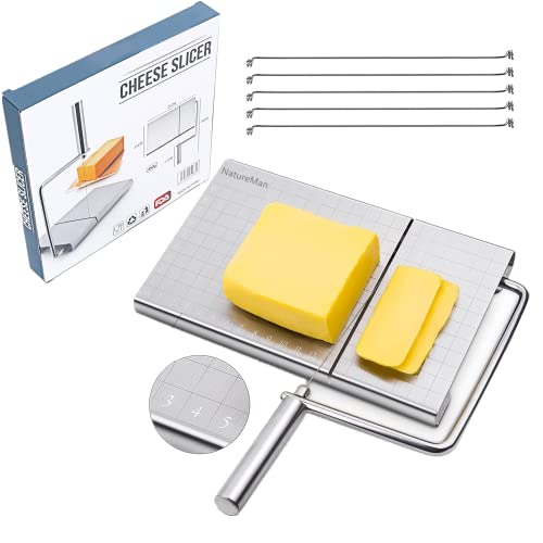 NatureMan Cheese Slicer With Wire,Stainless Steel Cheese Slicer,With 5 Replacement Wires Cheese Cutter With Wire Accurate Size Scale For Cutting Soft Cheese Butter