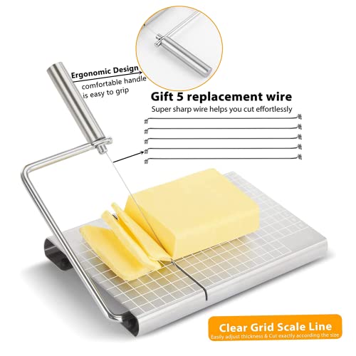 NatureMan Cheese Slicer With Wire,Stainless Steel Cheese Slicer,With 5 Replacement Wires Cheese Cutter With Wire Accurate Size Scale For Cutting Soft Cheese Butter