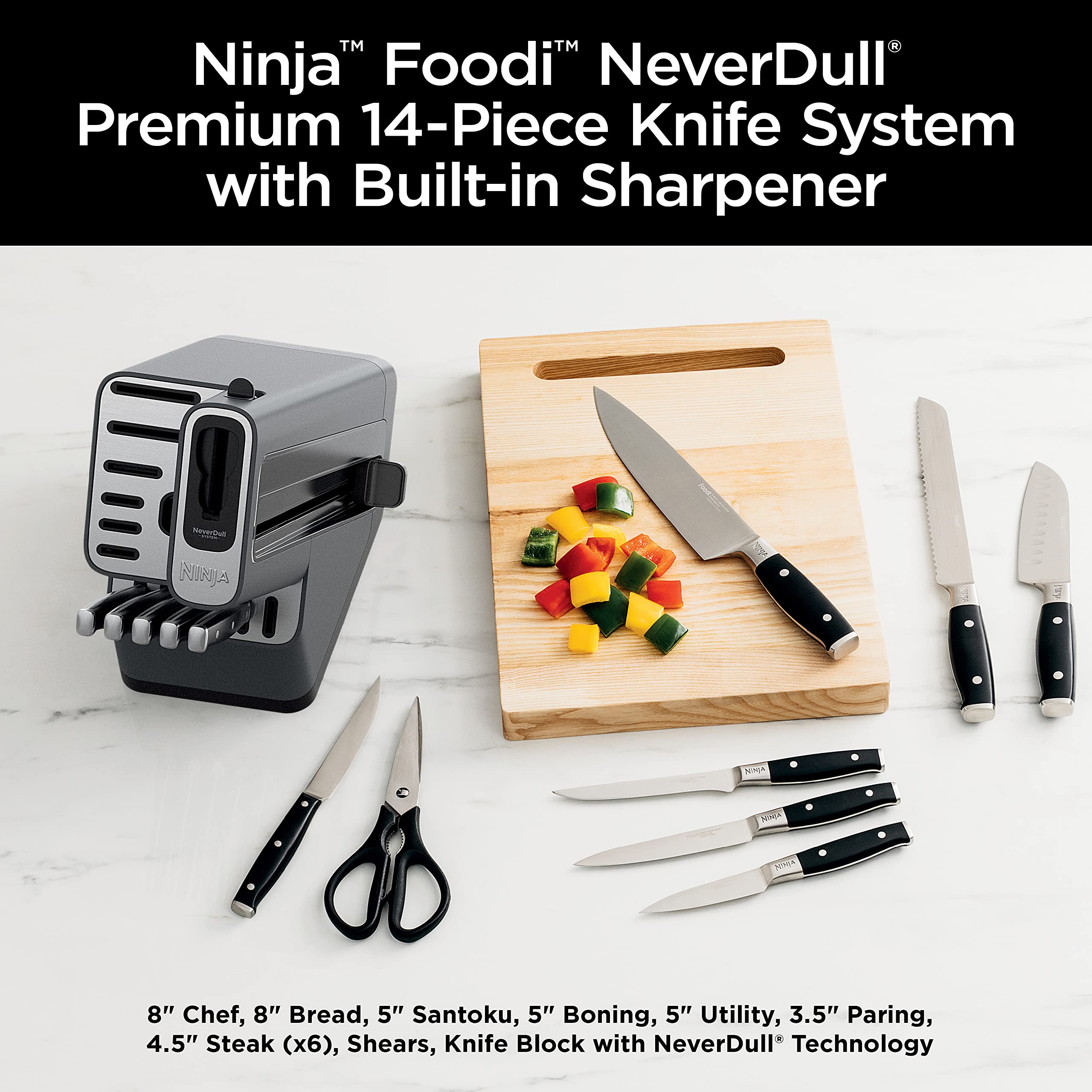 Ninja K32014 Foodi NeverDull Premium Knife System, 14 Piece Knife Block Set with Built-in Sharpener, German Stainless Steel Knives, Black & B39010 Foodi NeverStick Premium 10-Piece Bakeware Sheet Set