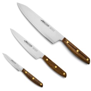 ARCOS Professional Kitchen Knife Set 3 pieces Nitrum Stainless Ste. Ovengkol Wood Handle 100% natural FSC. Series Nordika. High precision cut. Color Brown.