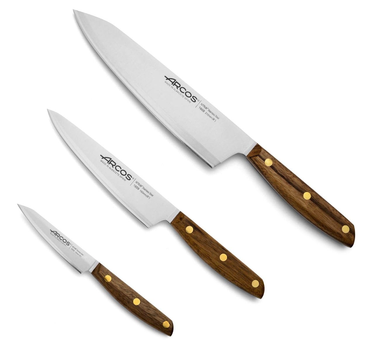 ARCOS Professional Kitchen Knife Set 3 pieces Nitrum Stainless Ste. Ovengkol Wood Handle 100% natural FSC. Series Nordika. High precision cut. Color Brown.