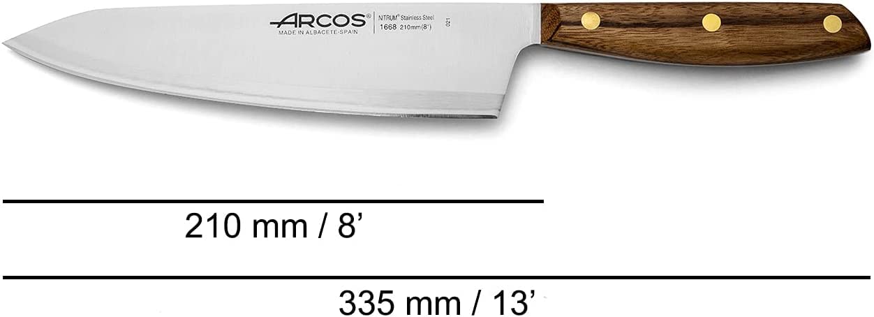 ARCOS Professional Kitchen Knife Set 3 pieces Nitrum Stainless Ste. Ovengkol Wood Handle 100% natural FSC. Series Nordika. High precision cut. Color Brown.