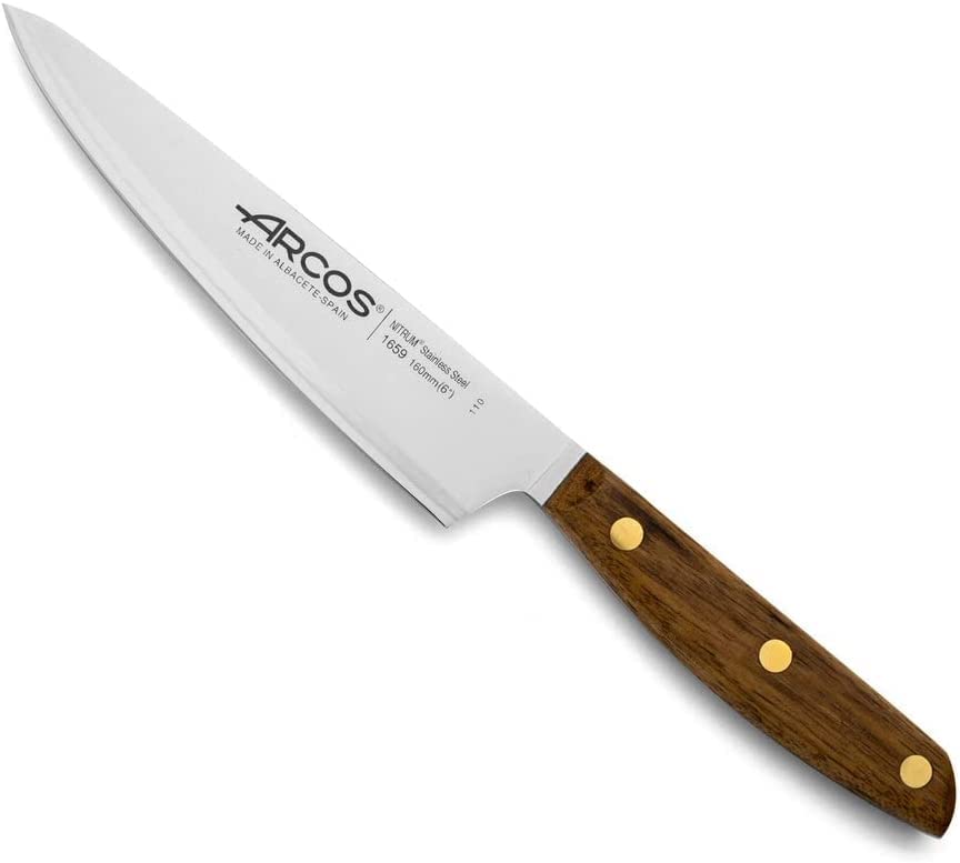 ARCOS Professional Kitchen Knife Set 3 pieces Nitrum Stainless Ste. Ovengkol Wood Handle 100% natural FSC. Series Nordika. High precision cut. Color Brown.