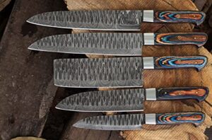 custom handmade damascus steel 5 pcs professional kitchen chef knife set with 5 pocket case chef knife roll bag/brown & blue dollar sheath