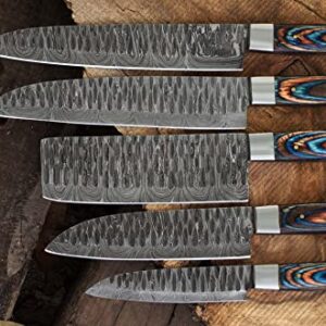 Custom Handmade Damascus Steel 5 pcs Professional Kitchen Chef Knife Set with 5 Pocket Case Chef Knife Roll Bag/Brown & Blue Dollar Sheath