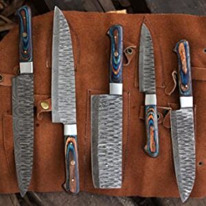 Custom Handmade Damascus Steel 5 pcs Professional Kitchen Chef Knife Set with 5 Pocket Case Chef Knife Roll Bag/Brown & Blue Dollar Sheath