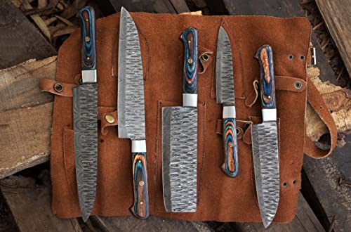 Custom Handmade Damascus Steel 5 pcs Professional Kitchen Chef Knife Set with 5 Pocket Case Chef Knife Roll Bag/Brown & Blue Dollar Sheath