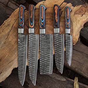 Custom Handmade Damascus Steel 5 pcs Professional Kitchen Chef Knife Set with 5 Pocket Case Chef Knife Roll Bag/Brown & Blue Dollar Sheath