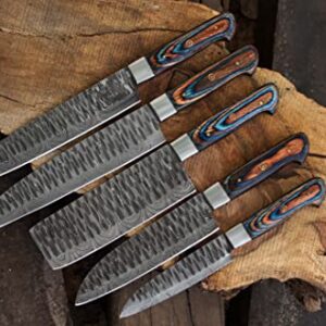 Custom Handmade Damascus Steel 5 pcs Professional Kitchen Chef Knife Set with 5 Pocket Case Chef Knife Roll Bag/Brown & Blue Dollar Sheath