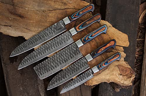 Custom Handmade Damascus Steel 5 pcs Professional Kitchen Chef Knife Set with 5 Pocket Case Chef Knife Roll Bag/Brown & Blue Dollar Sheath