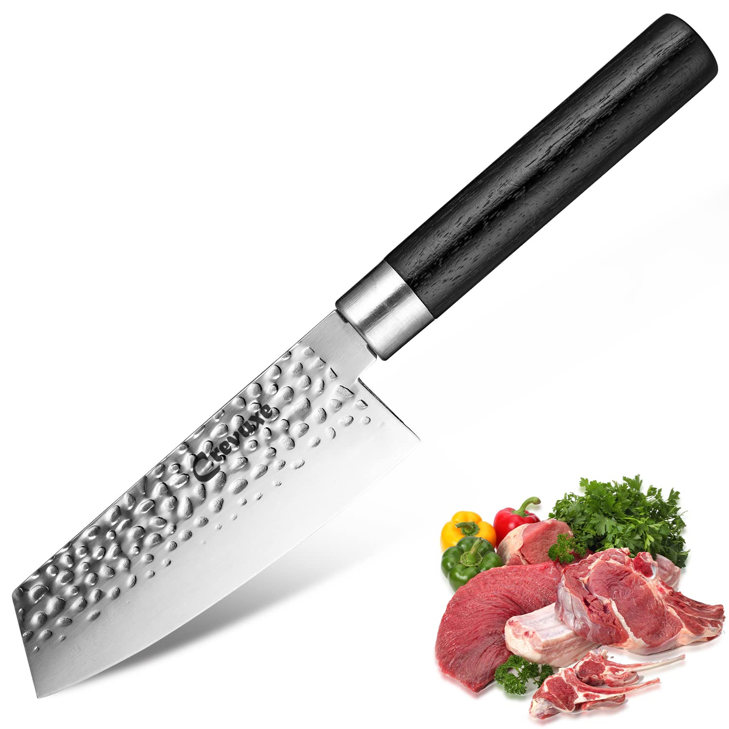 Crevuxe Nakiri Knife 5 Inch, Vegetable Cleaver Knife Asian Usuba Knife - Hammer Forged Chef Knife - SUS440A Stainless Steel Professional Meat Kitchen Knife w/Ergonomic Blackwood Handle