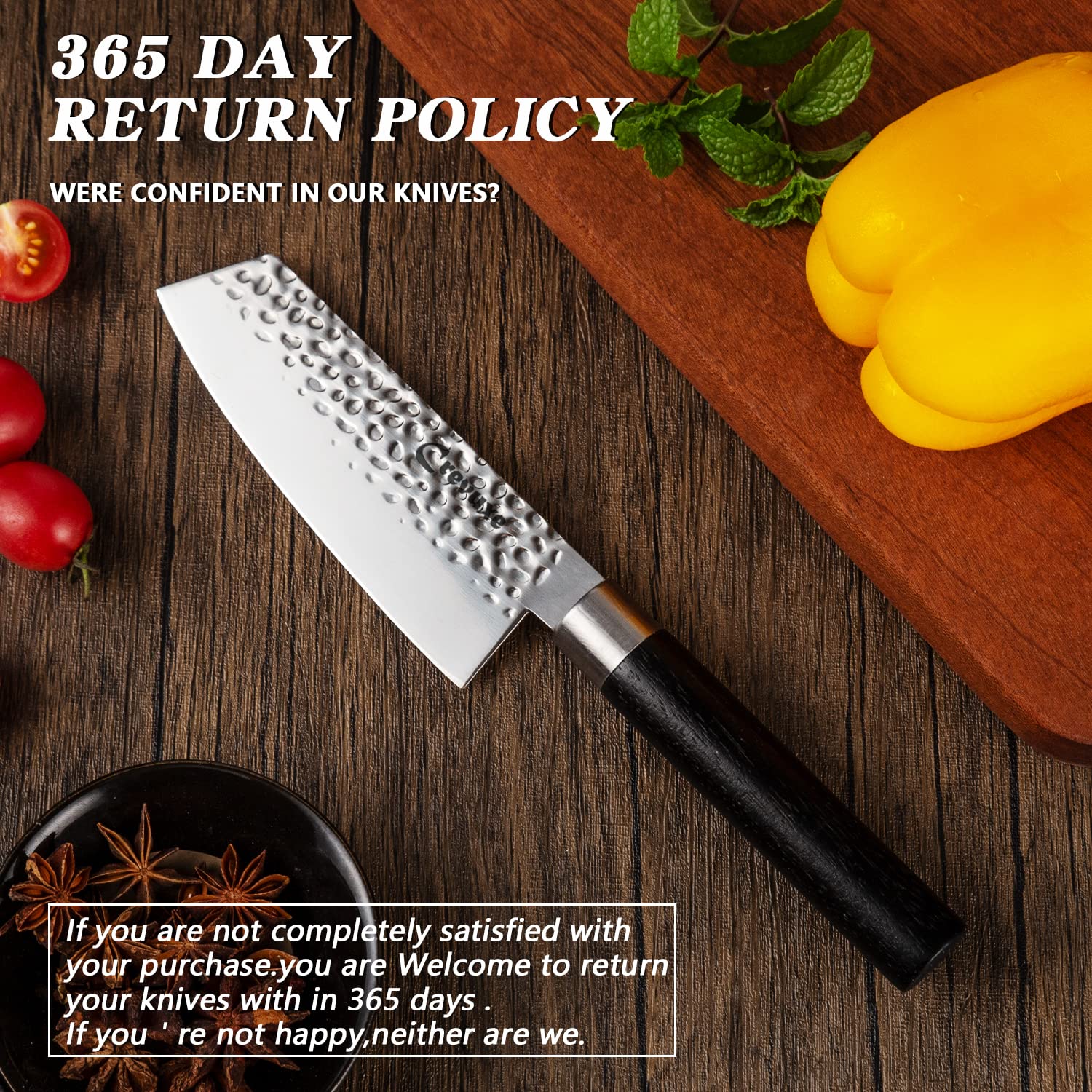 Crevuxe Nakiri Knife 5 Inch, Vegetable Cleaver Knife Asian Usuba Knife - Hammer Forged Chef Knife - SUS440A Stainless Steel Professional Meat Kitchen Knife w/Ergonomic Blackwood Handle