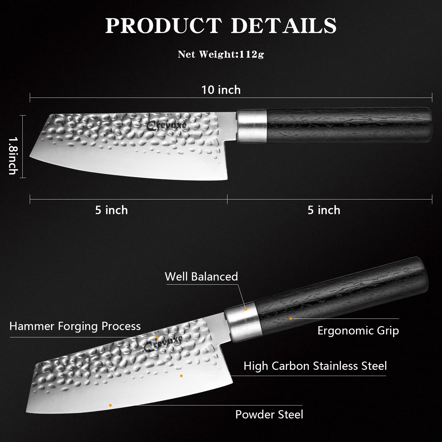 Crevuxe Nakiri Knife 5 Inch, Vegetable Cleaver Knife Asian Usuba Knife - Hammer Forged Chef Knife - SUS440A Stainless Steel Professional Meat Kitchen Knife w/Ergonomic Blackwood Handle