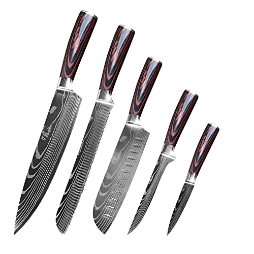 Knives Set for Kitchen, Gustrug 5PCS High Carbon Stainless Steel Kitchen Knife Set with Ergonomic Wooden Handle for Professional Multipurpose Cooking