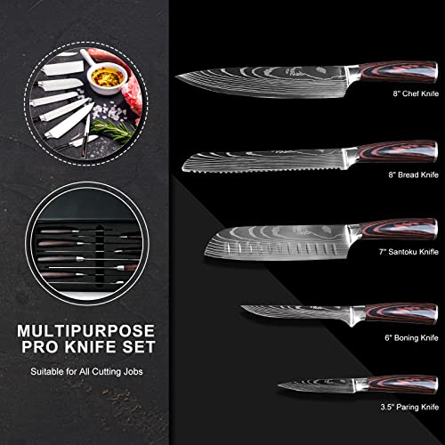 Knives Set for Kitchen, Gustrug 5PCS High Carbon Stainless Steel Kitchen Knife Set with Ergonomic Wooden Handle for Professional Multipurpose Cooking