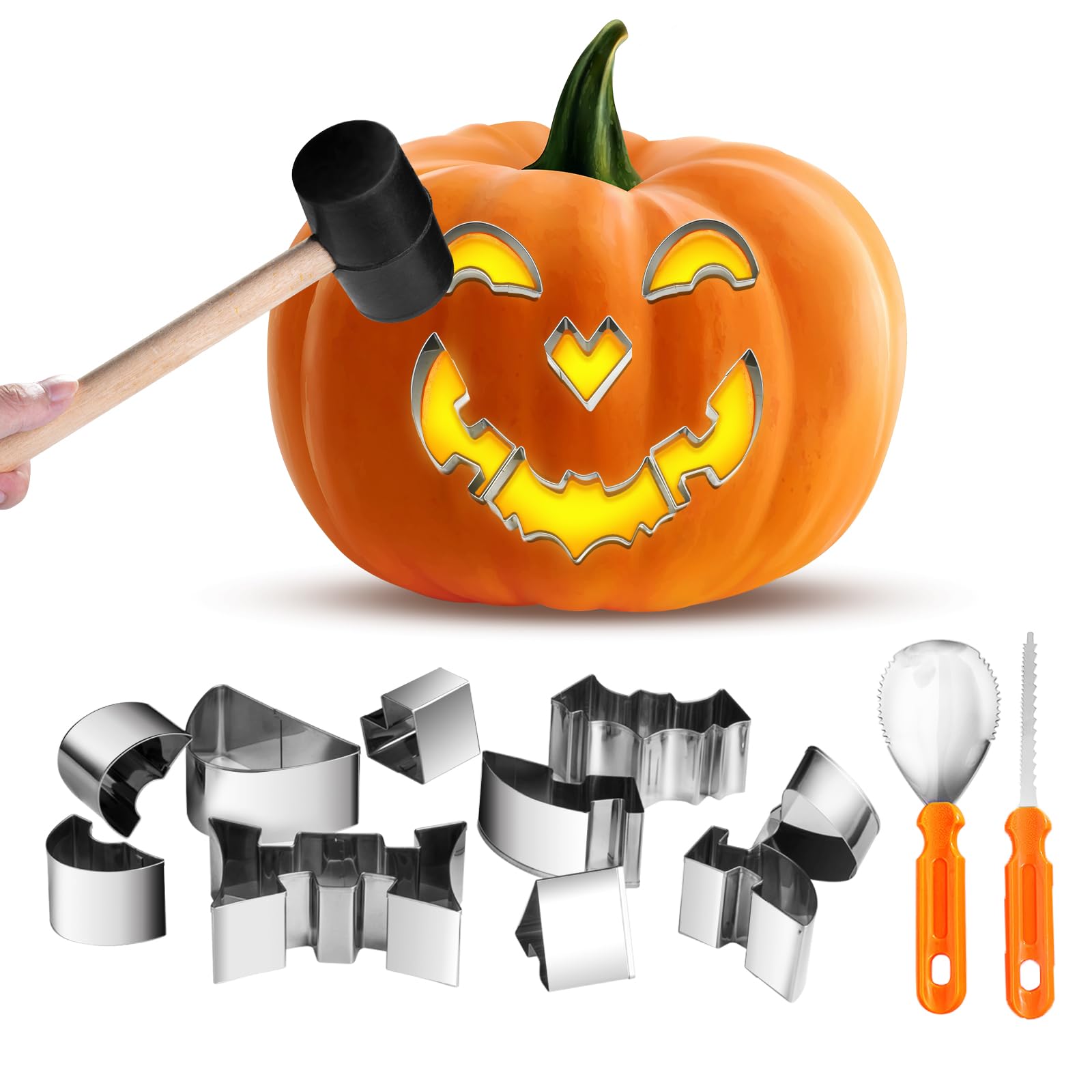 choxila Pumpkin Carving Kit, 13-Pack Halloween Pumpkin Carving Stencils Metal with Hammer, Premium Stainless Steel Pumpkin Knife Tools for Halloween Decoration