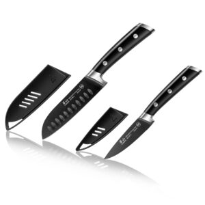 cangshan s+ series 1022094 german steel forged 2-piece titanium coated santoku starter knife set with sheaths, noir black