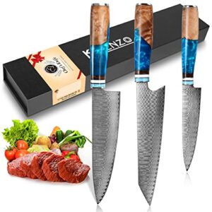 keenzo damascus chef knife set, professional kitchen knives set 3 pcs-sharp 8" chef knife & 8" kiritsuke chef knife & 5" utility knife. japanese vg-10 damascus steel cooking knives set with gift box