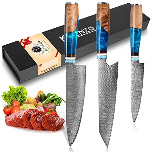 KEENZO Damascus Chef Knife set, Professional Kitchen Knives Set 3 PCS-Sharp 8" Chef Knife & 8" Kiritsuke Chef Knife & 5" Utility Knife. Japanese VG-10 Damascus Steel Cooking Knives set with Gift Box