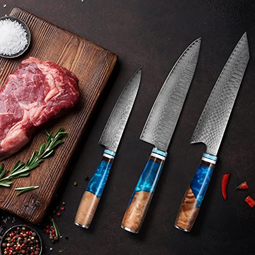 KEENZO Damascus Chef Knife set, Professional Kitchen Knives Set 3 PCS-Sharp 8" Chef Knife & 8" Kiritsuke Chef Knife & 5" Utility Knife. Japanese VG-10 Damascus Steel Cooking Knives set with Gift Box