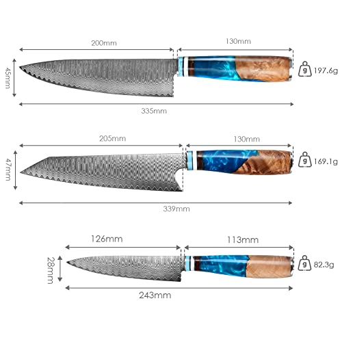 KEENZO Damascus Chef Knife set, Professional Kitchen Knives Set 3 PCS-Sharp 8" Chef Knife & 8" Kiritsuke Chef Knife & 5" Utility Knife. Japanese VG-10 Damascus Steel Cooking Knives set with Gift Box