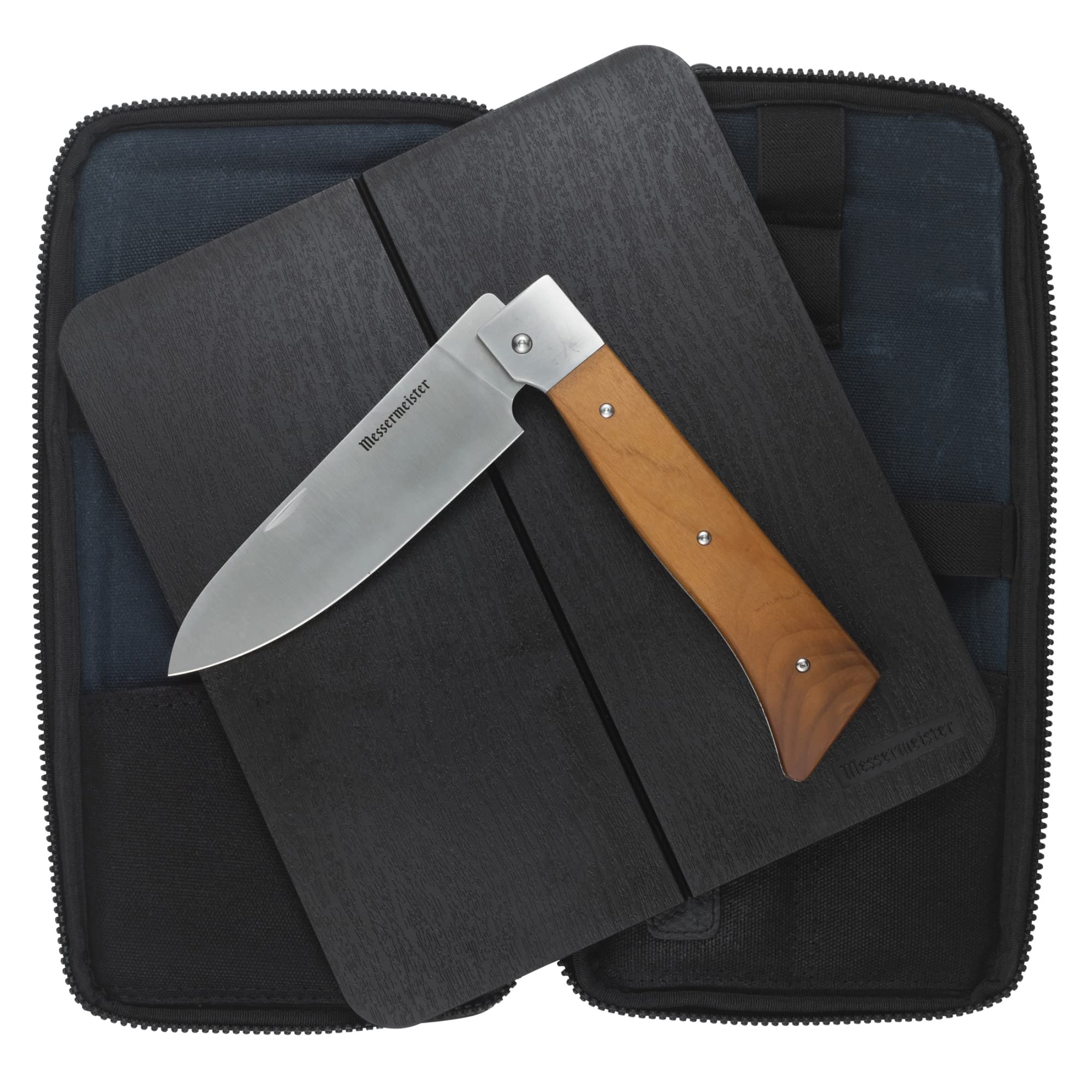 Messermeister Adventure Chef 3-Piece Basecamp Set - Includes Folding 6” Chef’s Knife, Folding TPE Cutting Board & Waxed Canvas Case