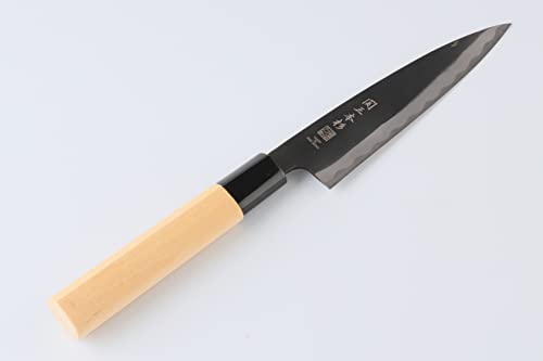 Seki Sanbonsugi Japanese Utility Chef Kitchen Knife, KUROUCHI Carbon Tool Steel Petty Paring Knife, Shiraki Wooden Handle, 135 mm, Made in Seki Japan