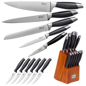 deco chef 12-piece stainless steel kitchen knife set with full tang high grade blades and wooden storage block, sharpening manual included