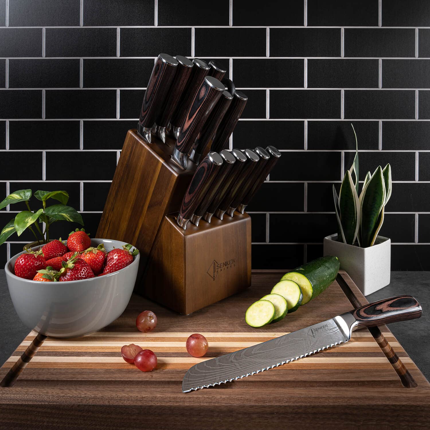 SENKEN Acacia Wood Knife Block Without Knives - 15 Slots for Chef Knife Set, Steak Knives, And Kitchen Shears, Smoothly Finished Natural Acacia Hardwood