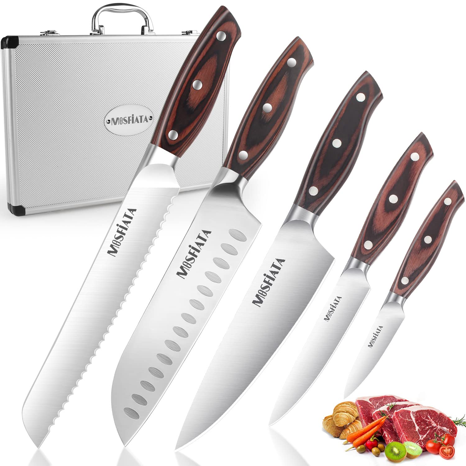 MOSFiATA Kitchen Knife Set-5Pcs, Professional Kitchen Chef’s Knives with Ultra Sharp Stainless Steel Blades, Bread Knife Cooking Knives Sets (silver)