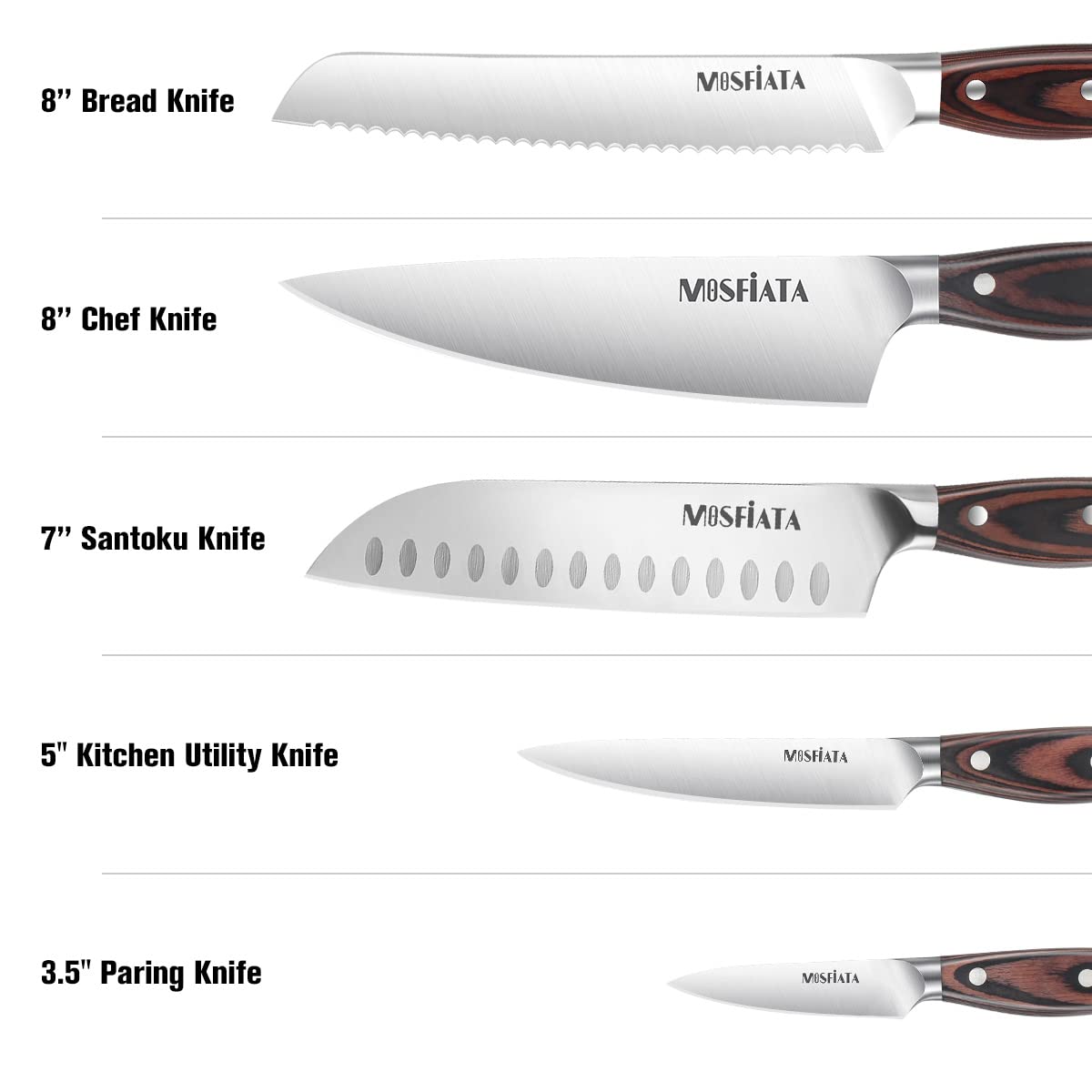 MOSFiATA Kitchen Knife Set-5Pcs, Professional Kitchen Chef’s Knives with Ultra Sharp Stainless Steel Blades, Bread Knife Cooking Knives Sets (silver)