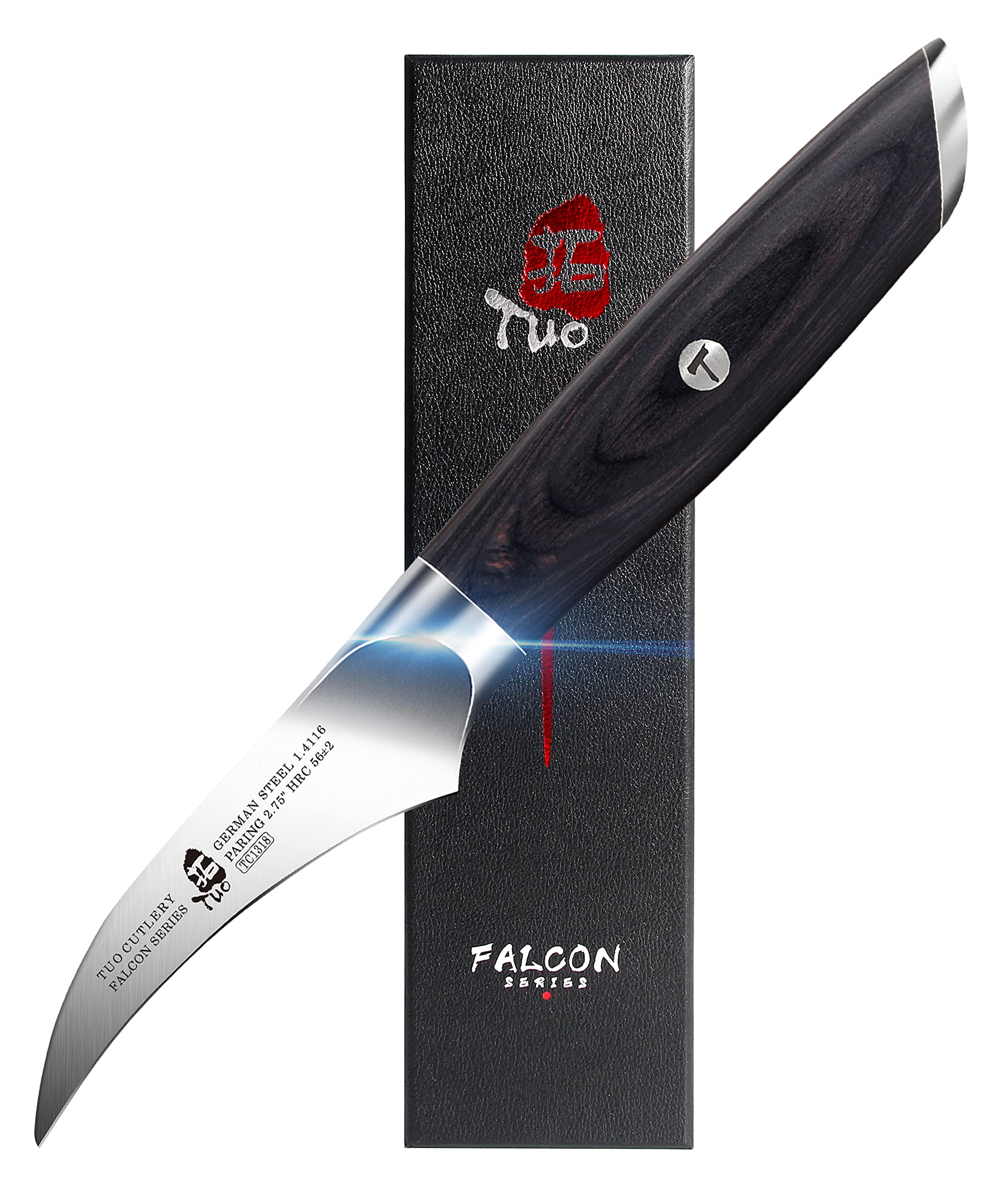 TUO Bird Beak Paring knife - 2.75" Peeling Knife Fruit Knife - German Stainless Steel Peeling Paring Knife - Tourne Knife with Pakkawood Handle - FALCON SERIES with Gift Box