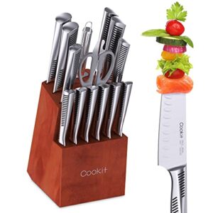 kitchen knife set, cookit 15 piece knife sets with block chef knife stainless steel hollow handle cutlery with manual sharpener