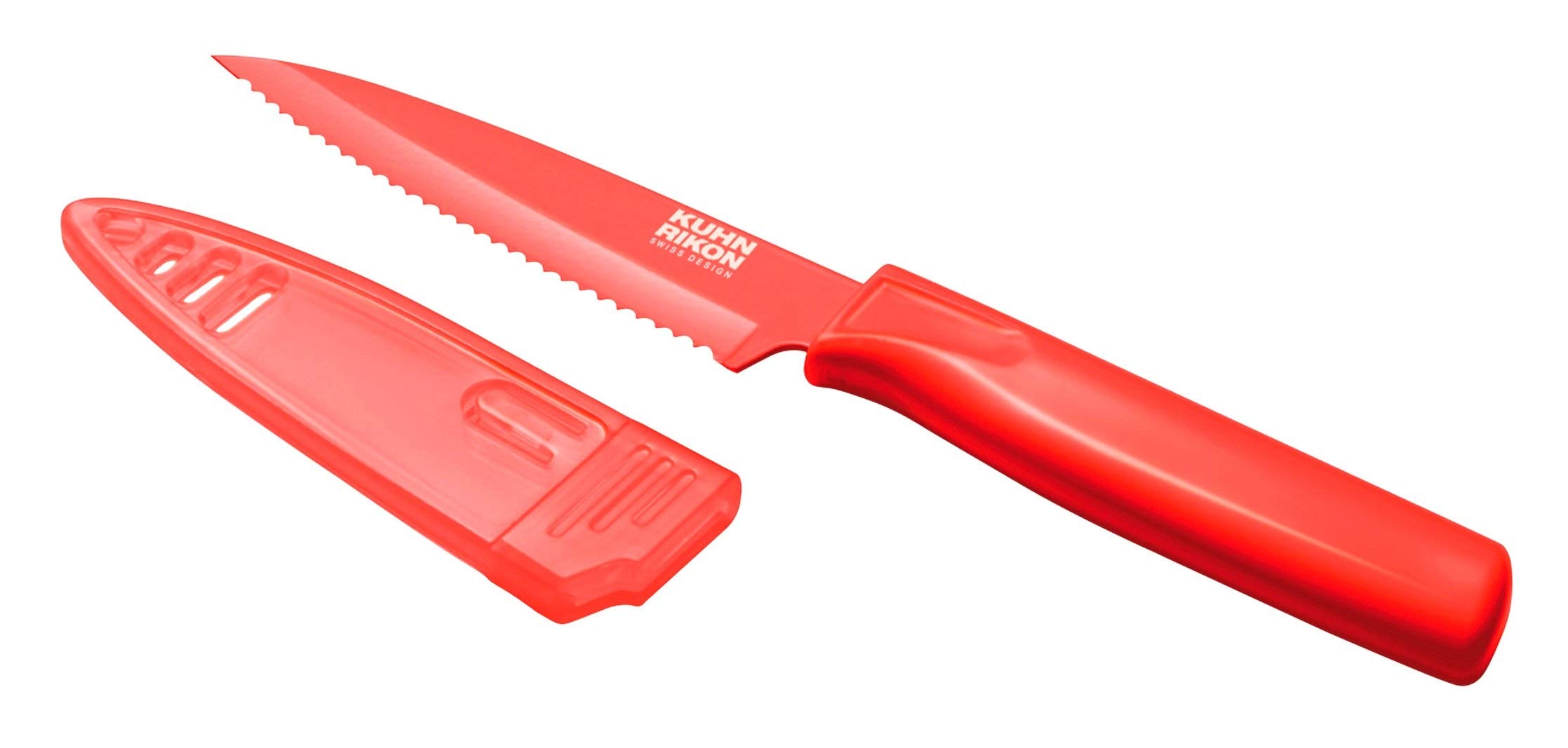 Kuhn Rikon Serrated Paring Knife with Safety Sheath, 4 inch/10.16 cm Blade, Red