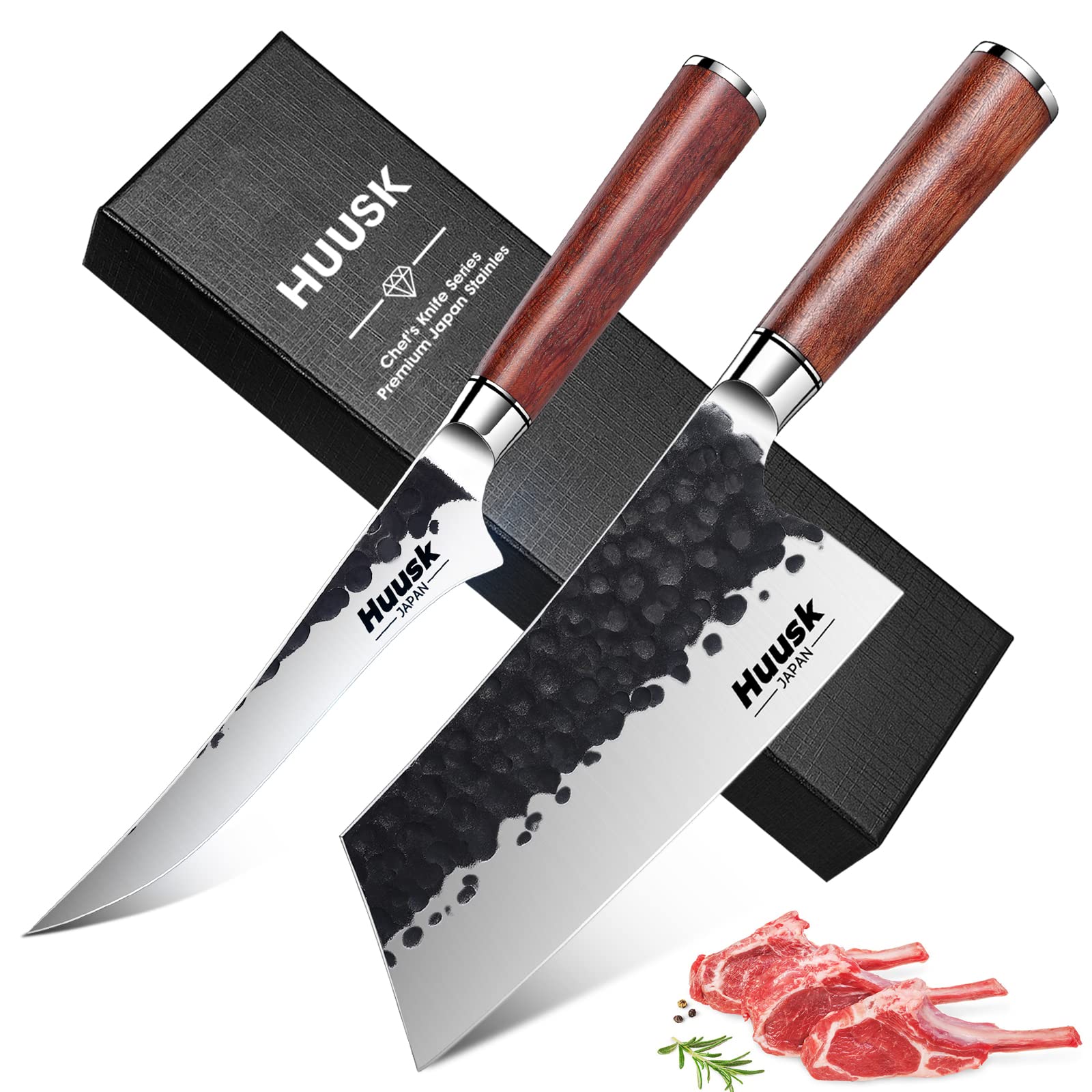 Huusk Cleaver Knife, 7" Japanese Professional Kitchen Knife, Boning Knife, Hand Forged 6" Fillet Knife,High Carbon Steel Sharp Chef Knife with Ergonomic Rosewood Handle Gift Box