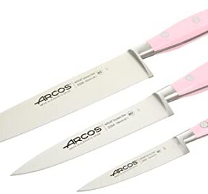 ARCOS Forged Professional Kitchen Knives Set. 3 Cooking Knives for Cutting and Peeling Food. Ergonomic Polyoxymethylene Handle. Series Riviera. Color Rose