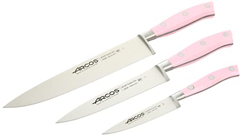 ARCOS Forged Professional Kitchen Knives Set. 3 Cooking Knives for Cutting and Peeling Food. Ergonomic Polyoxymethylene Handle. Series Riviera. Color Rose