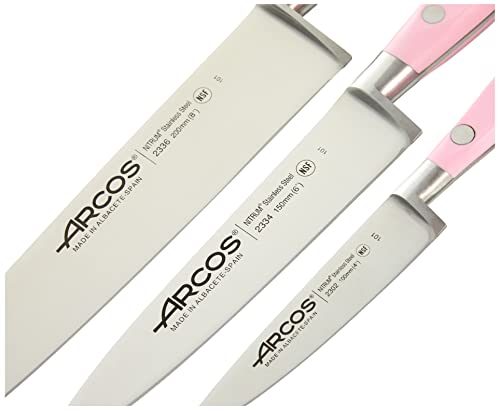 ARCOS Forged Professional Kitchen Knives Set. 3 Cooking Knives for Cutting and Peeling Food. Ergonomic Polyoxymethylene Handle. Series Riviera. Color Rose