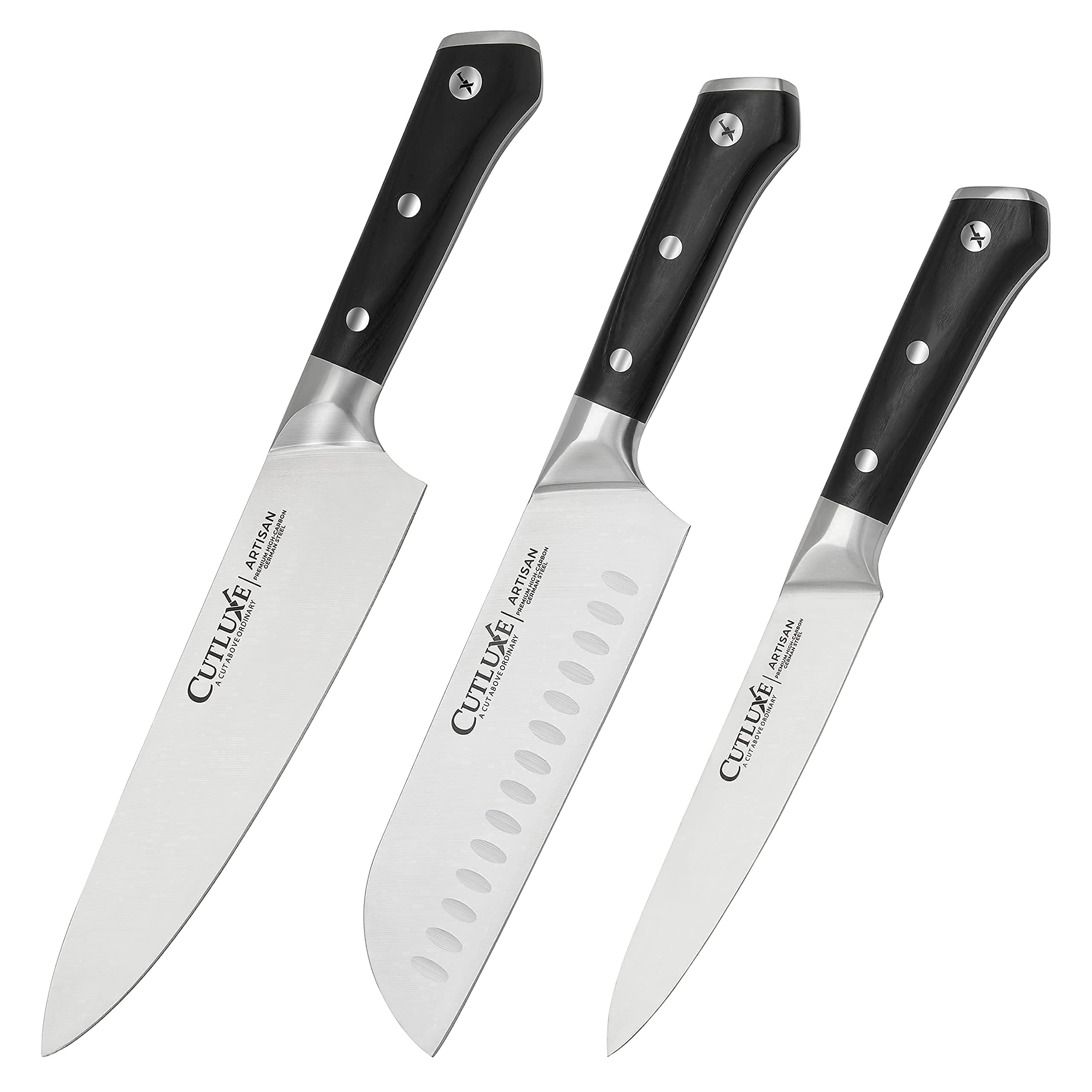 CUTLUXE Chef, Santoku & Utility Knife Set – Forged High Carbon German Steel – Full Tang & Razor Sharp – Ergonomic Handle Design – Artisan Series