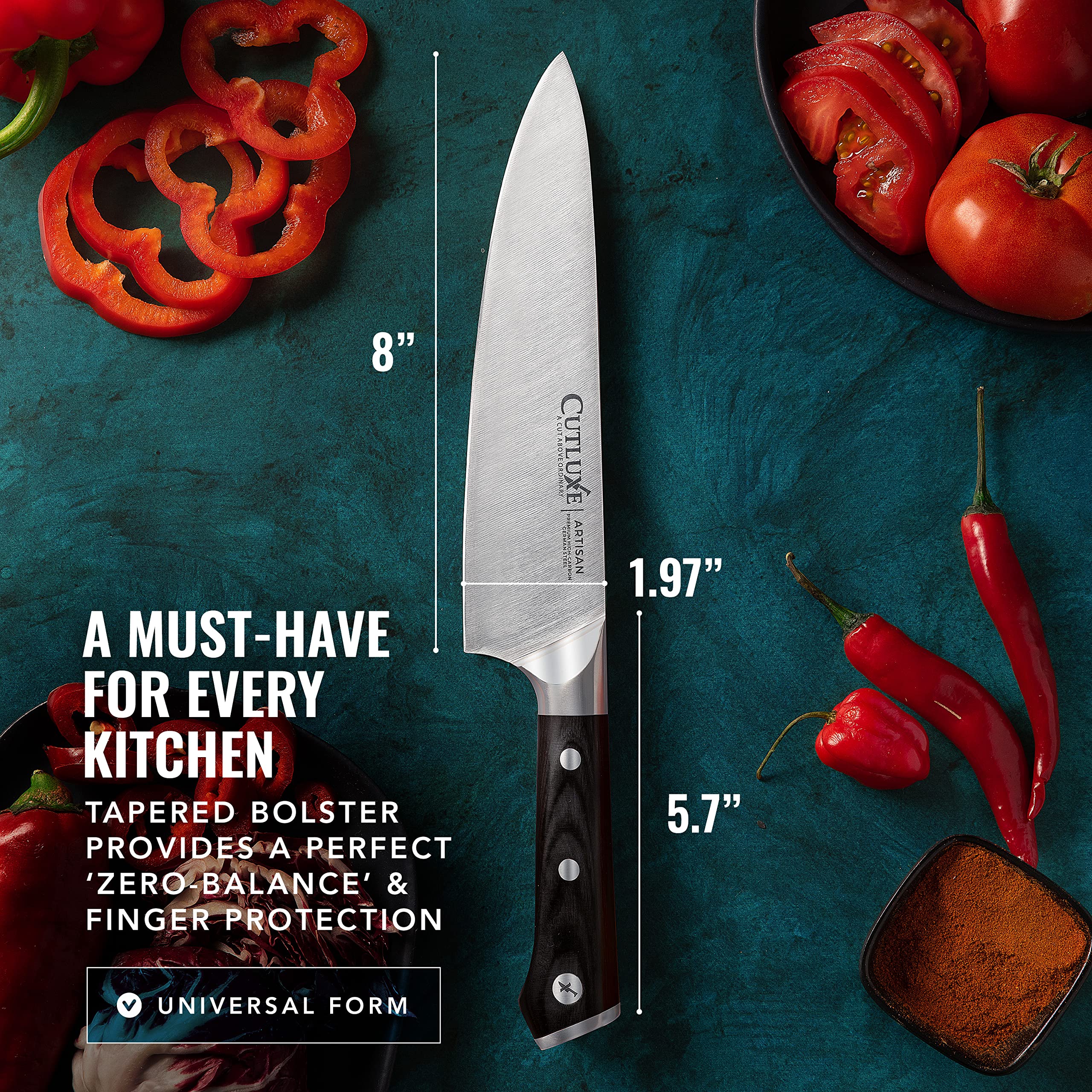 CUTLUXE Chef, Santoku & Utility Knife Set – Forged High Carbon German Steel – Full Tang & Razor Sharp – Ergonomic Handle Design – Artisan Series