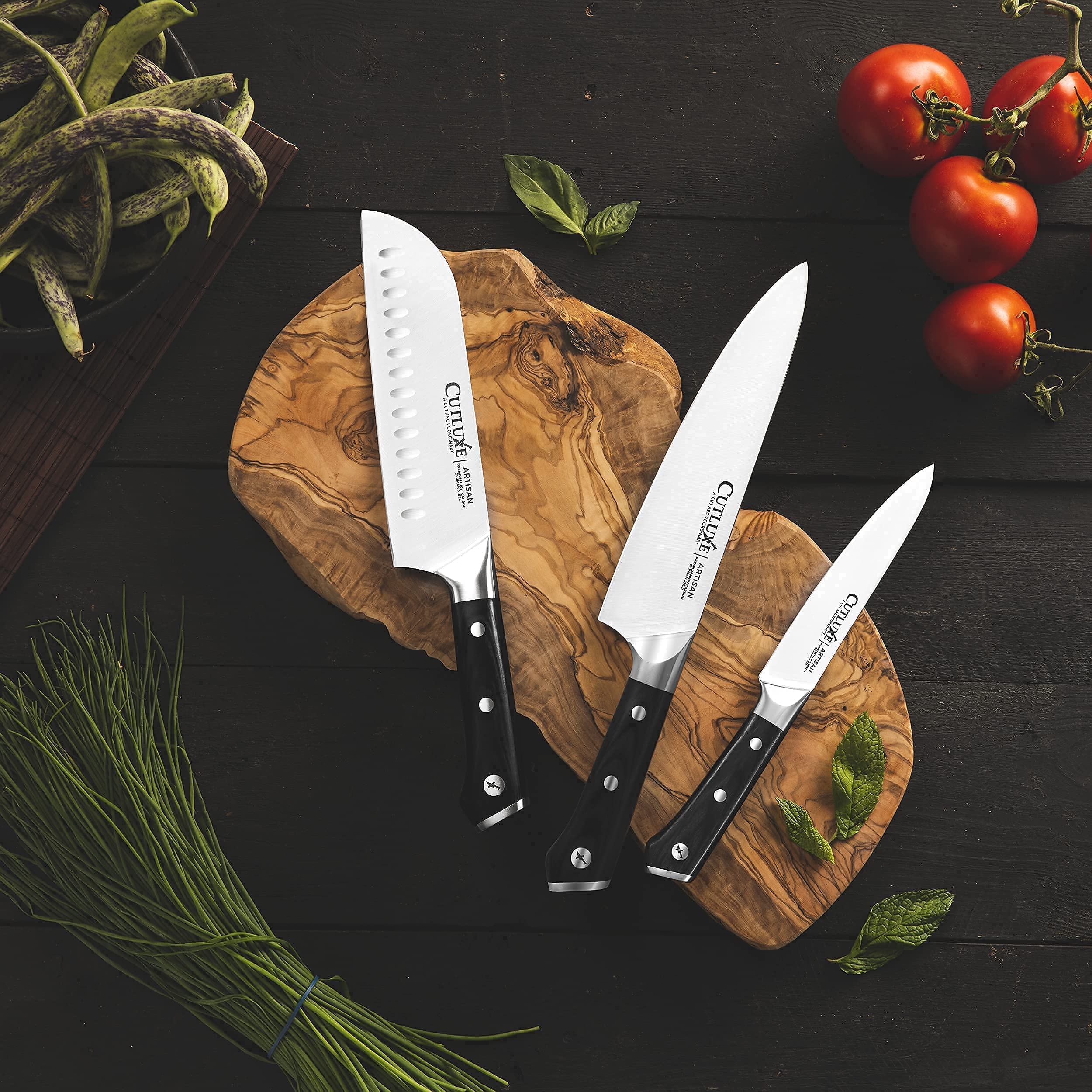 CUTLUXE Chef, Santoku & Utility Knife Set – Forged High Carbon German Steel – Full Tang & Razor Sharp – Ergonomic Handle Design – Artisan Series