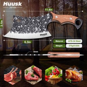 Huusk Collectible Knives Bundle BBQ Knife & Carved Meat Cleaver Knife Hand Forged Butcher Knife with Leather Sheath and Gift Box