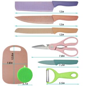 11 pcs Colorful Knife Set,Sharp Kitchen Knives Sets for Slicing Paring and Cooking, Professional Cute Pink Chefs Knife Set fit to Bbq RV Camping,Stainless Steel Knives, Scissors, Peeler&Cutting Board