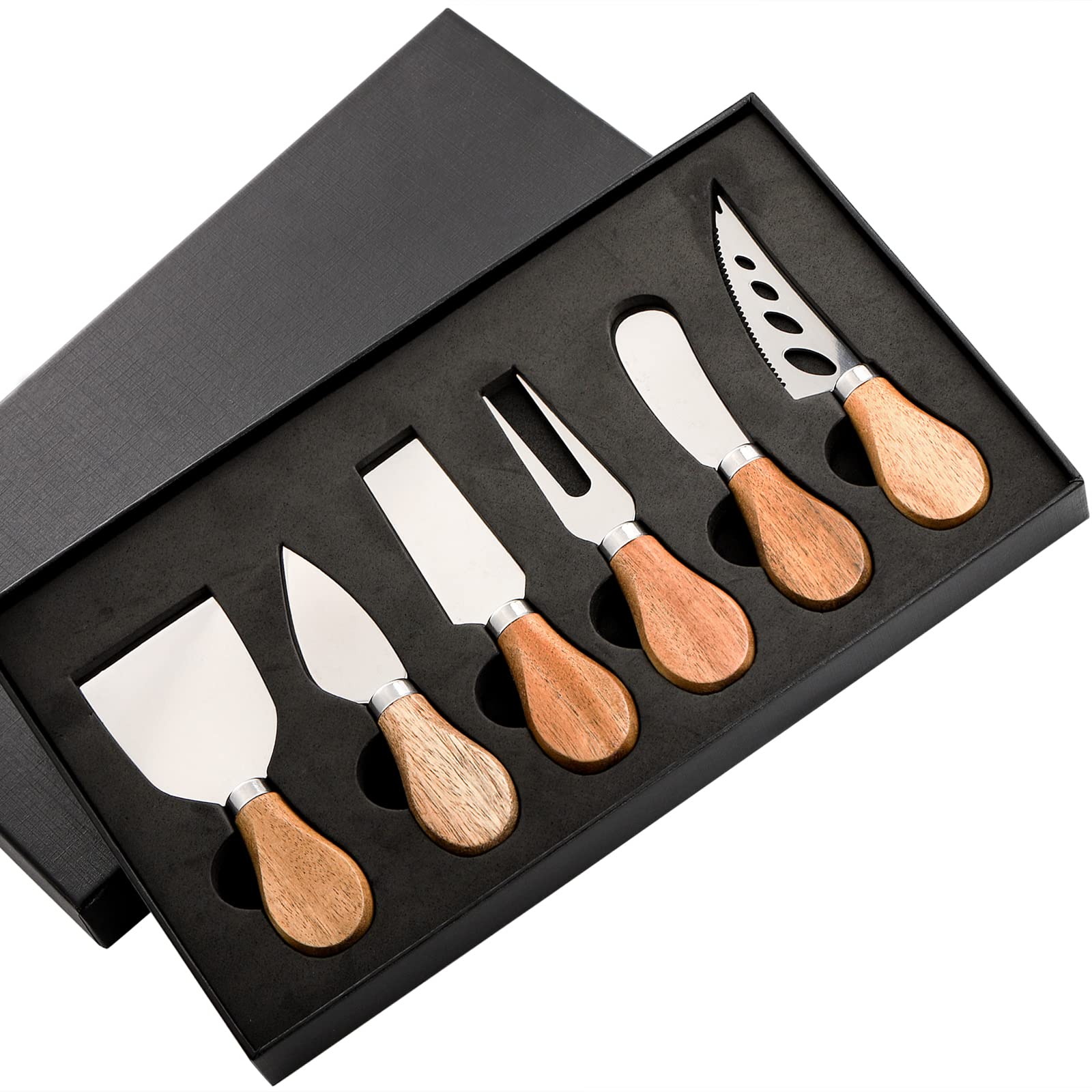 Okllen 6 Piece Cheese Knives Set with Acacia Wood Handles, Stainless Steel Cheese Knife Collection Cutlery Gift Set Cheese Slicer, Cutter, Fork, Spreading Knife for Charcuterie Boards, Pizza, Cake