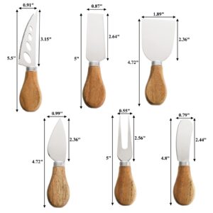 Okllen 6 Piece Cheese Knives Set with Acacia Wood Handles, Stainless Steel Cheese Knife Collection Cutlery Gift Set Cheese Slicer, Cutter, Fork, Spreading Knife for Charcuterie Boards, Pizza, Cake