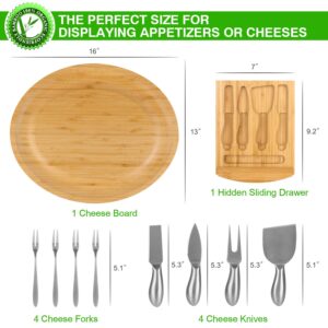 Esup Bamboo Cheese Board Set Cheese Plate 16 '' x 13 '' with Integrated Slide-Out Drawer and 4 Specialist Stainless Steel Knife & 4 Stainless Steel Fork Thanksgiving Gifts